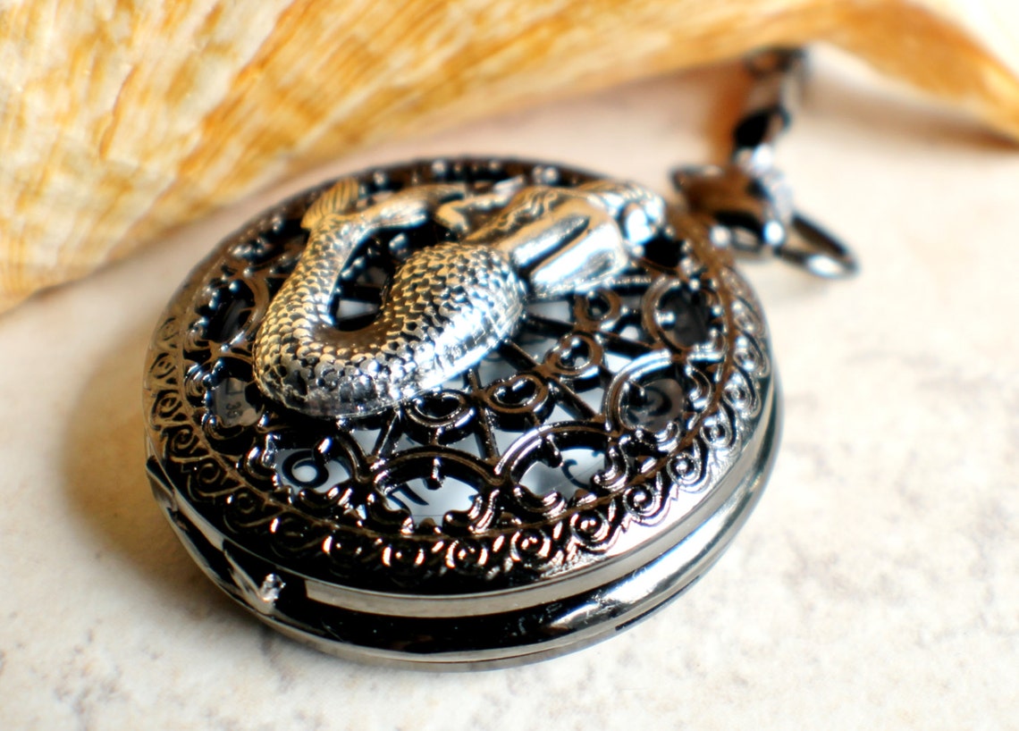 Mermaid Pocket Watch Mens Black Pocket Watch With Mermaid | Etsy
