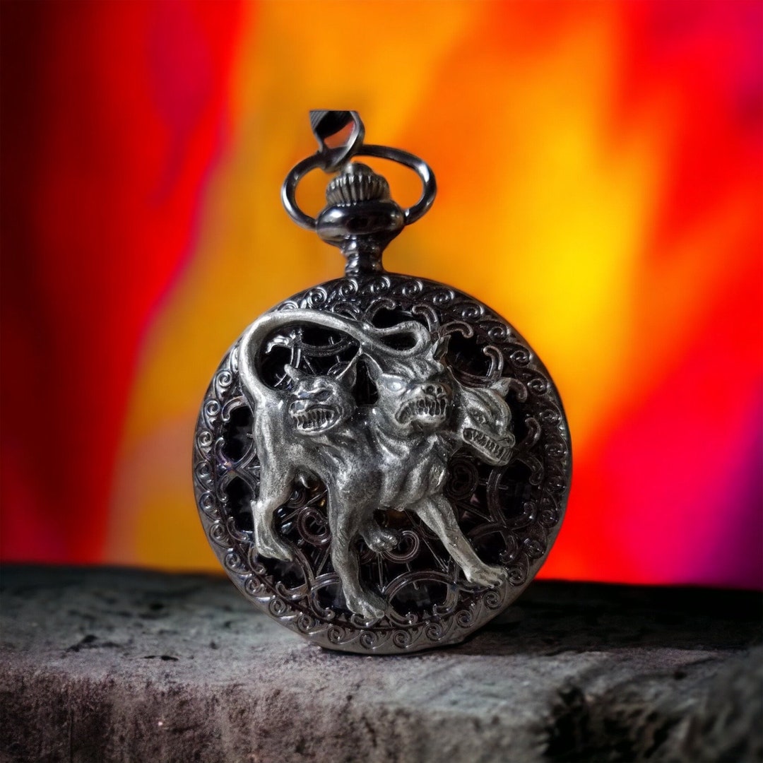 Pocket Watch Cerberus Mechanical: Gunmetal Three-headed Dog, Tiger Eye ...