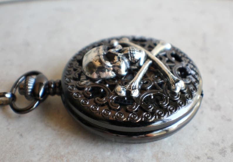Skull and Crossbones Pocket Watch, Men's Black Mechanical Pocket Watch ...