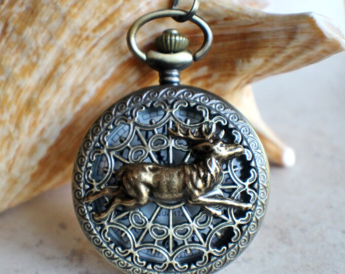 Deer Pocket Watch, Mens Pocket Watch With Running Deer Mounted on Front ...