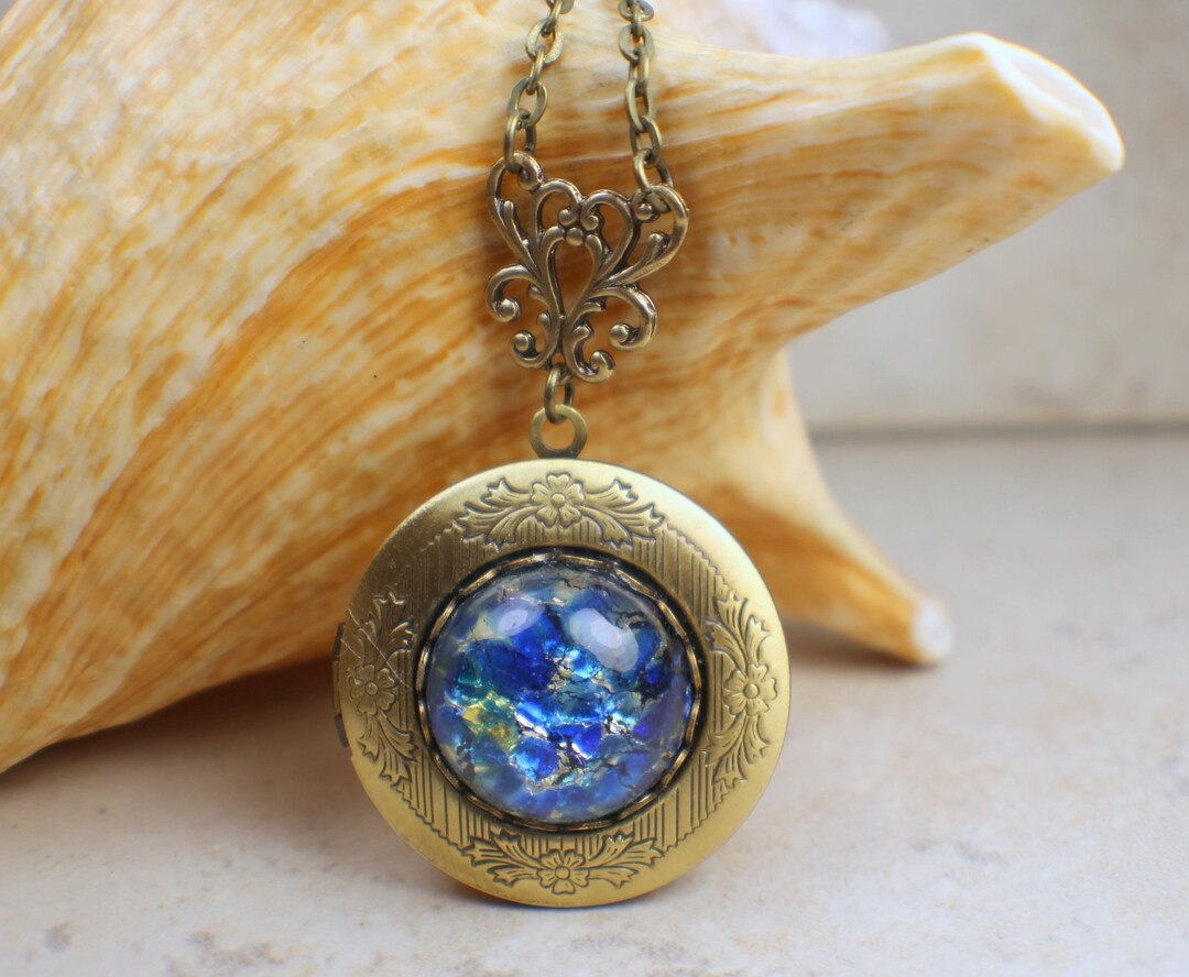Sapphire Blue Glass Fire Opal Locket, Small Photo Locket, Photo Locket ...