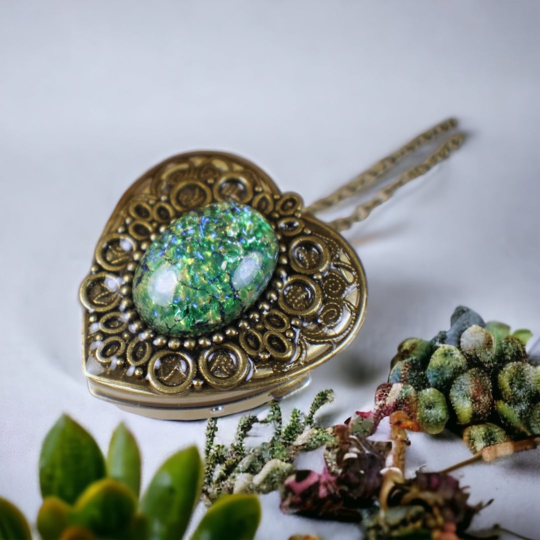 Green Emerald Glass Opal Music Box Locket, Music Box Necklace, Mini ...