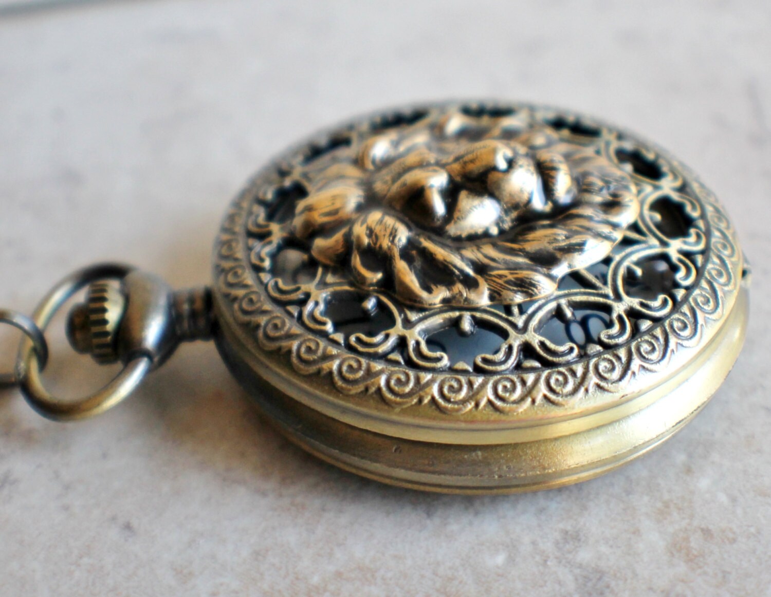 Bronze Lion Pocket Watch With Tiger Eye Bead Chain - Etsy