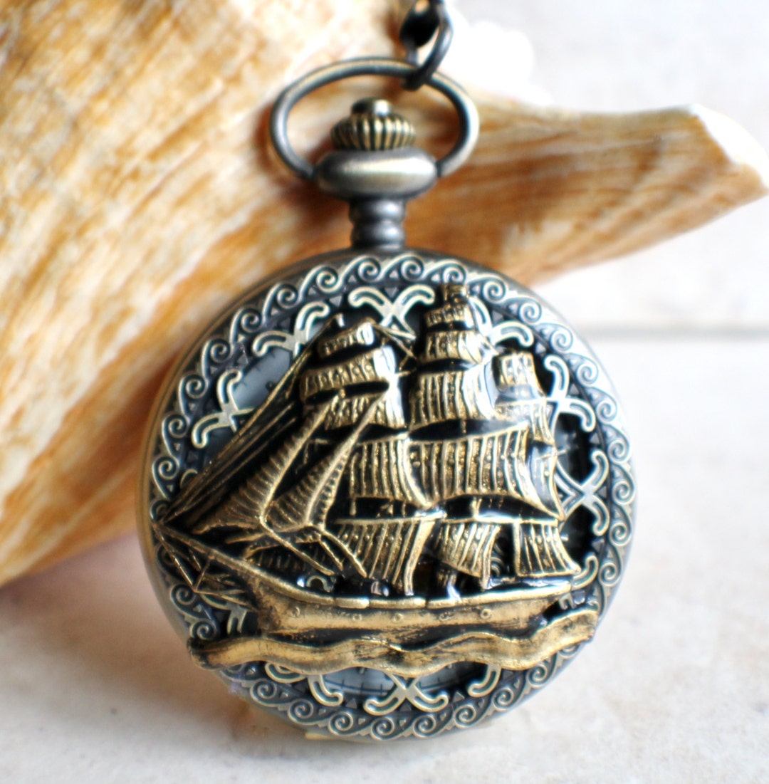 Pocket Watch Sailing Ship : Nautical Theme With Tiger Eye Chain - Etsy UK