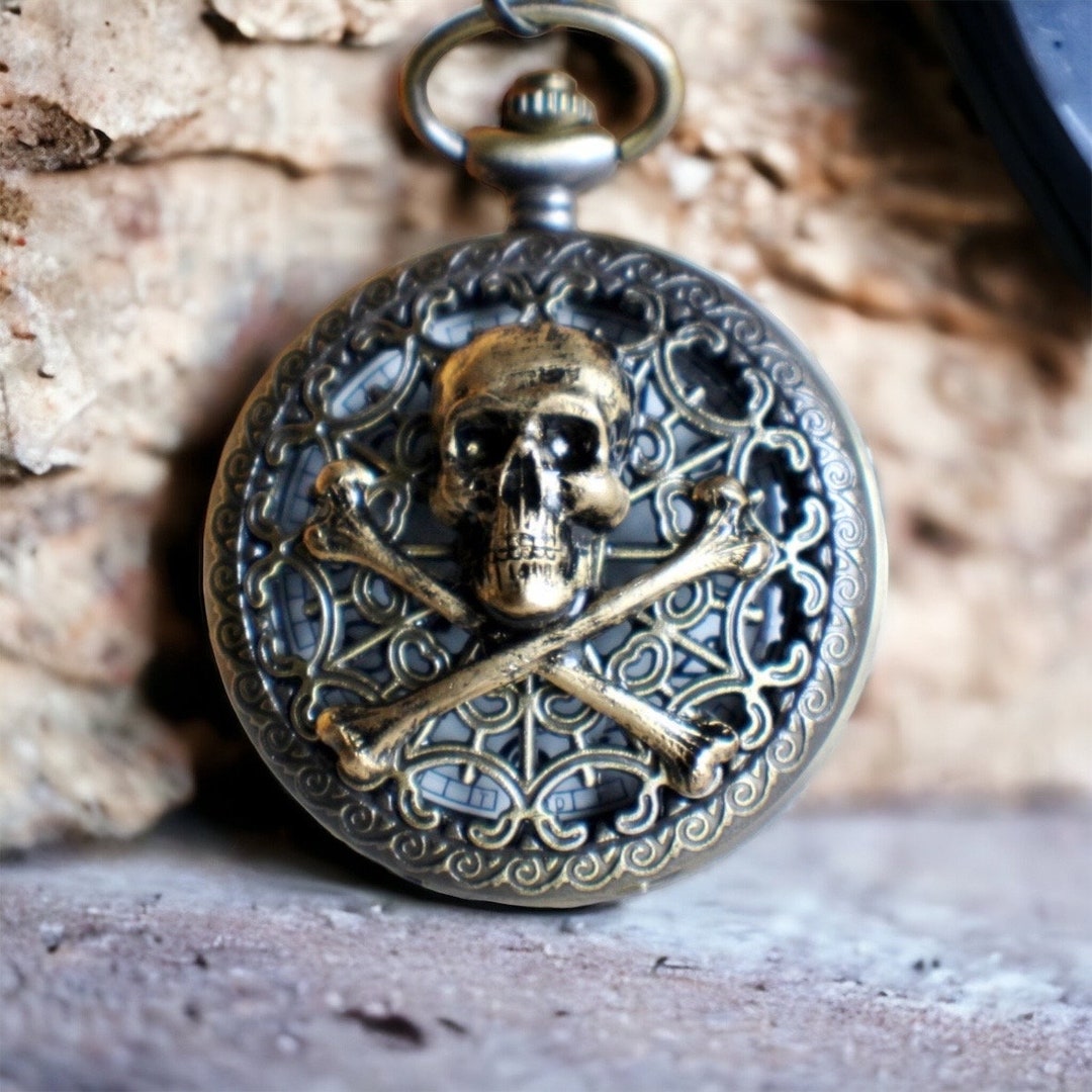 Pocket Watch Skull and Crossbones Bronze : Beaded Clip Chain - Etsy