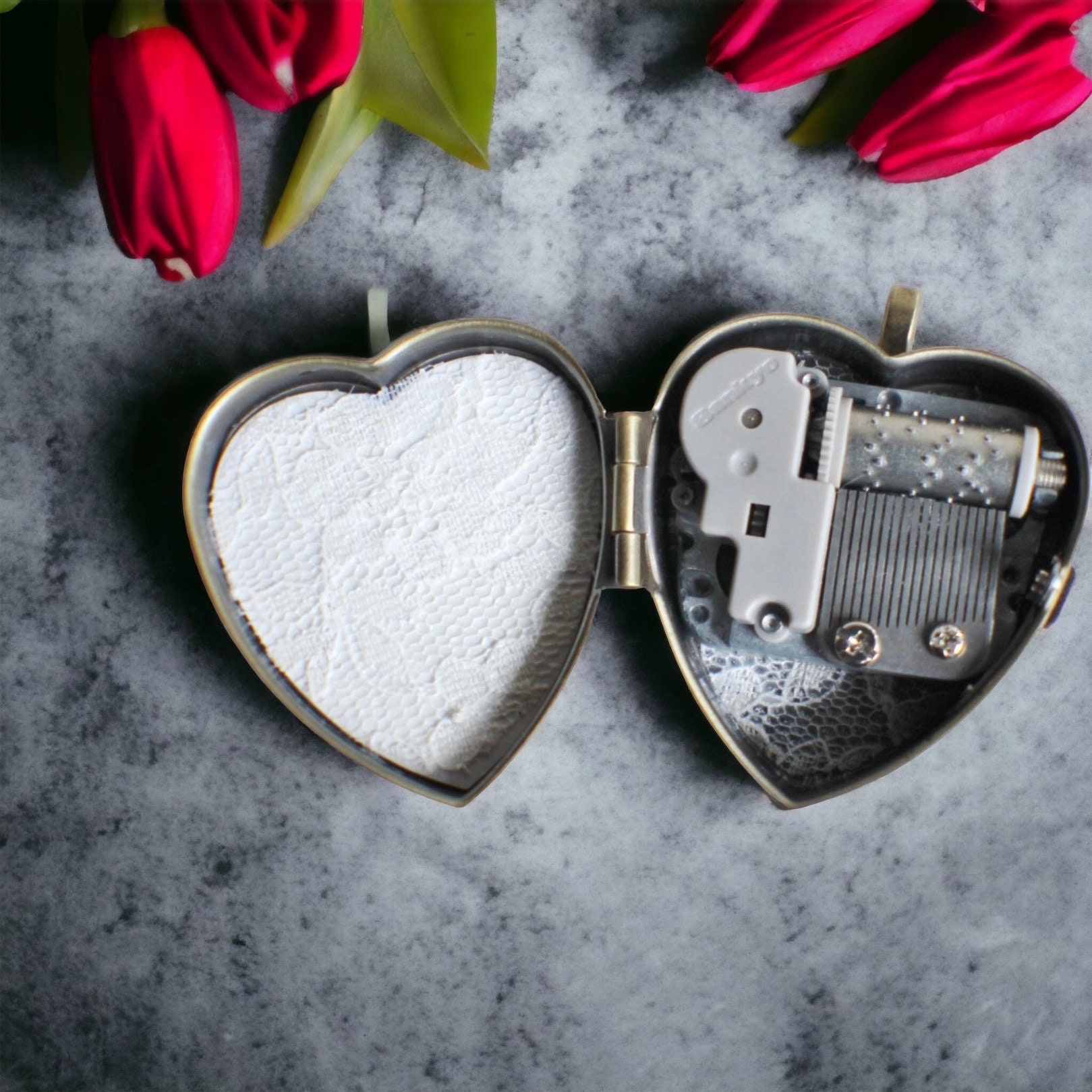 Heart Music Box Locket Necklace: Blue Opal, Silver Filigree, Musical ...
