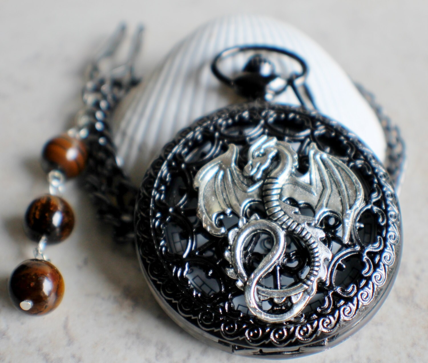 Dragon Pocket Watch: Black Case With Silver Dragon, Tiger Eye Chain - Etsy
