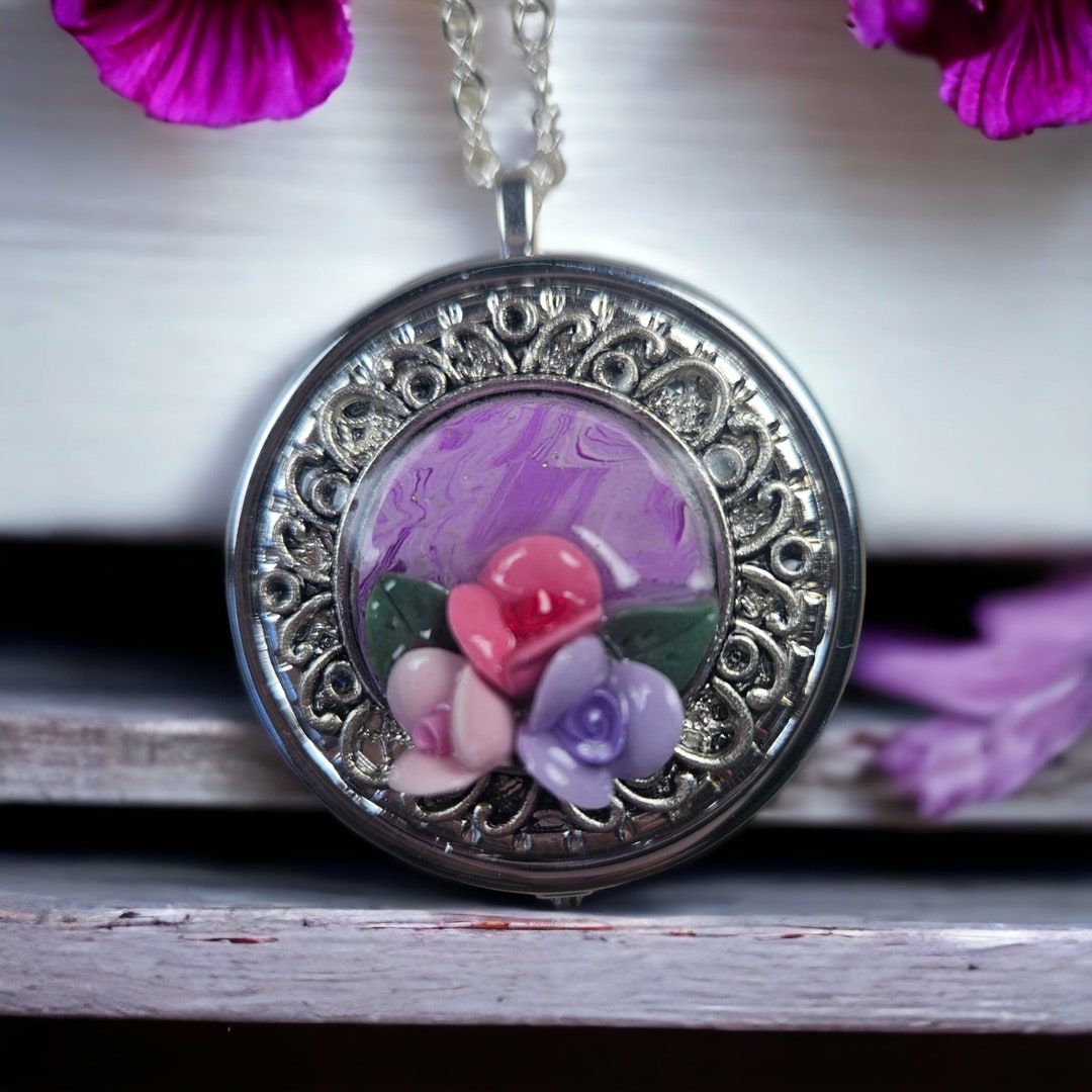Floral Music Box Locket, Music Box Necklace, Mini Music Box, Clay ...