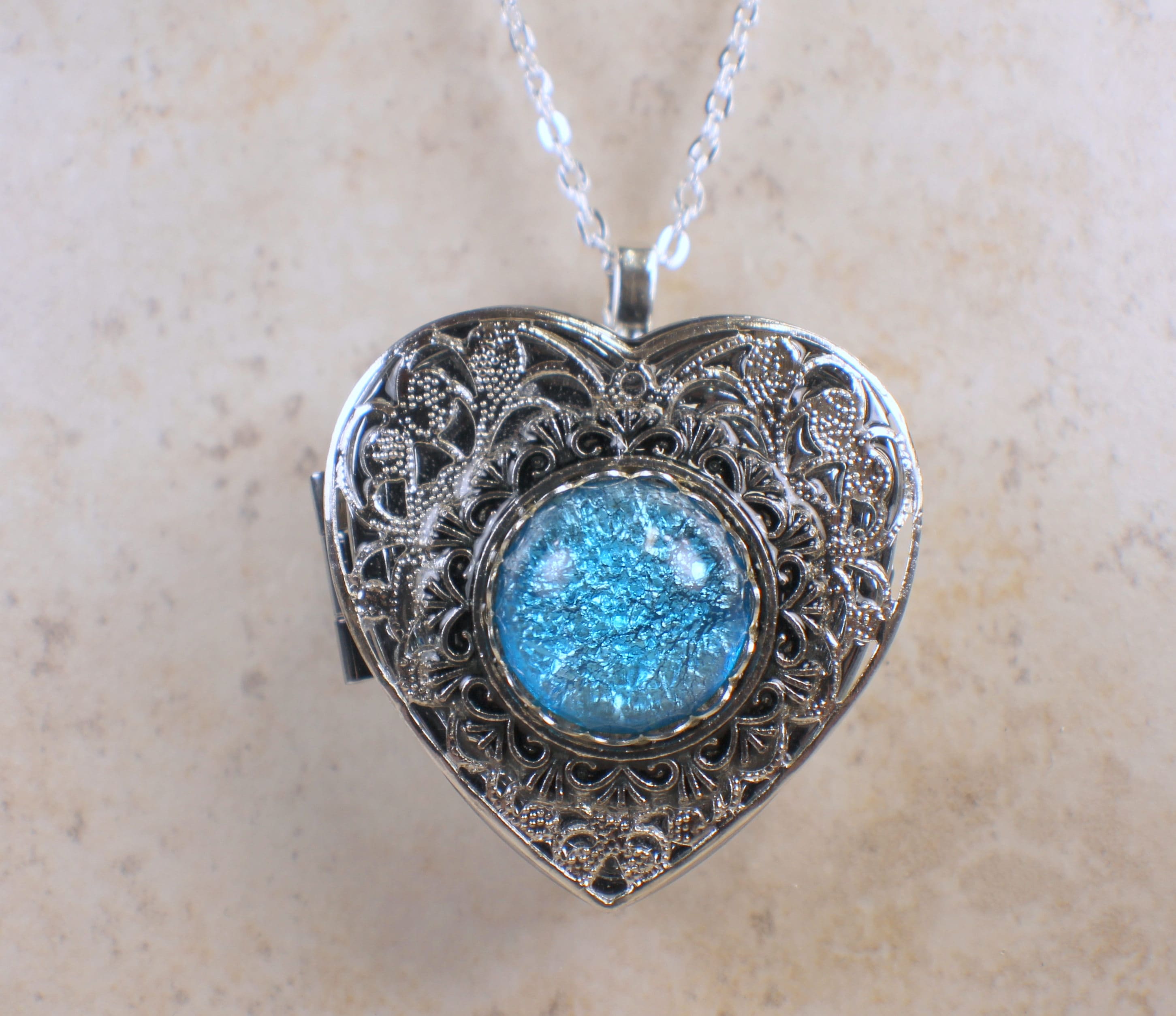 Aqua Blue Glass Opal Silver Music Box Locket Photo Locket - Etsy
