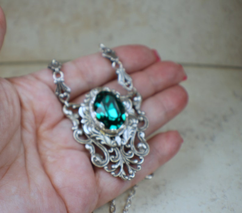 Gothic Emerald Crystal Necklace Emerald Filigree Necklace | Etsy