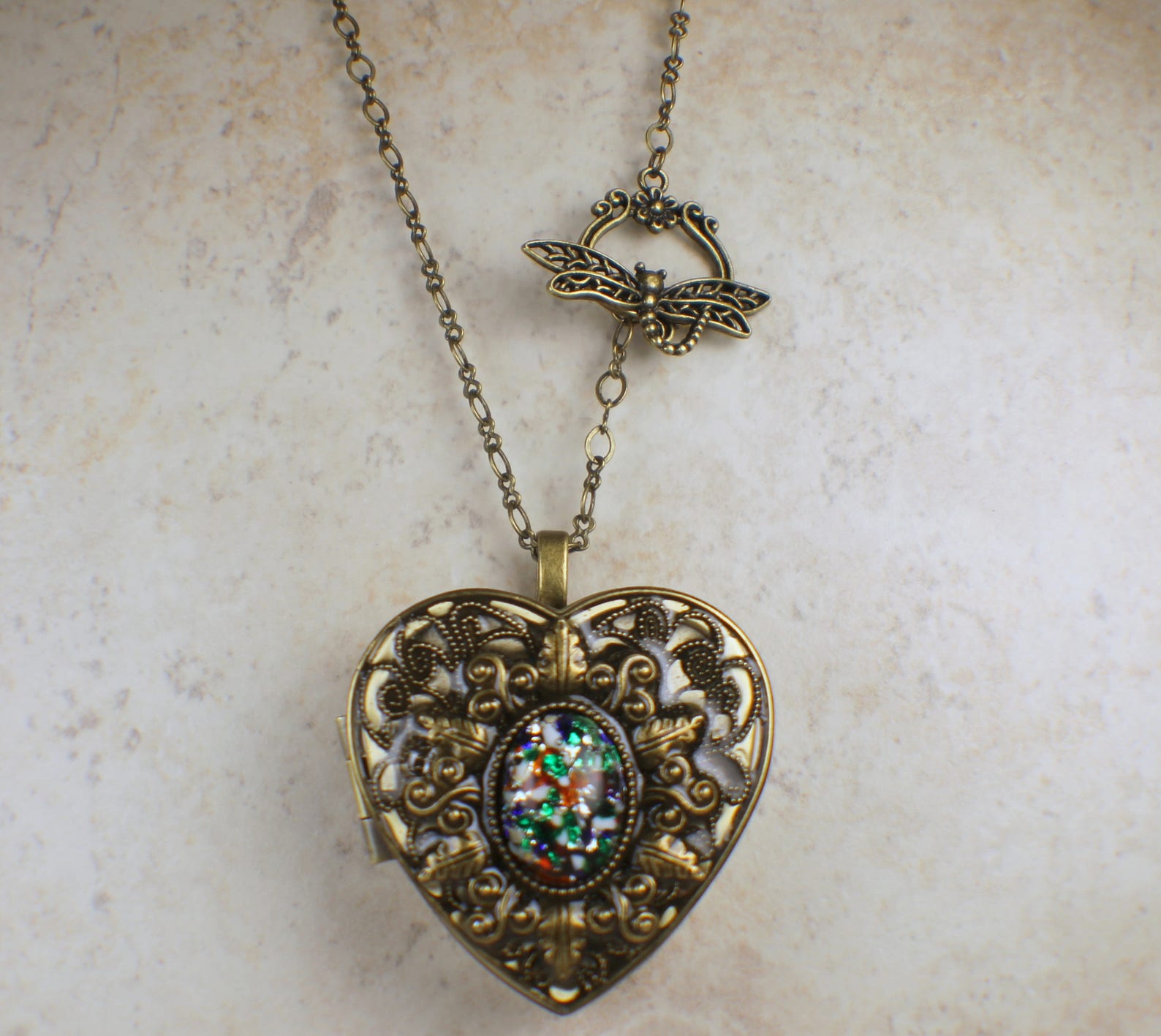 Heart Music Box Locket Necklace: Bronze Filigree, Primary Colors Opal ...