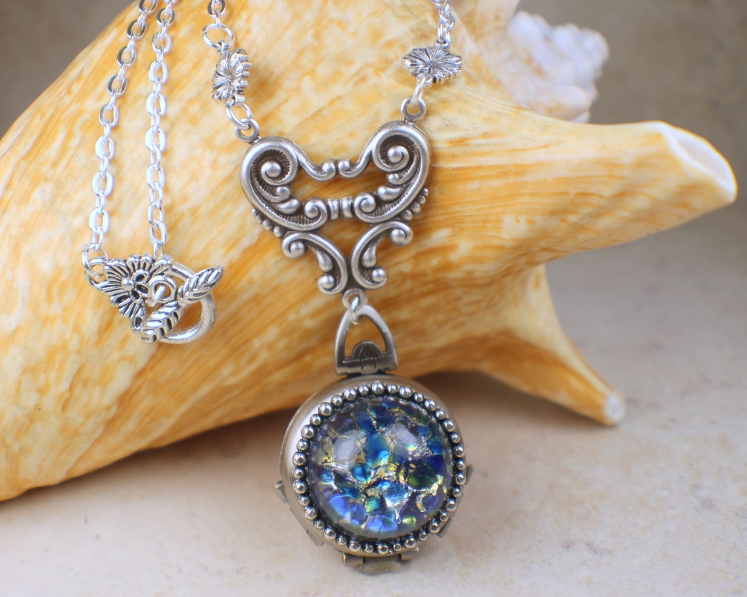 Deep Blue Fire Opal Silver Photo Locket, Four Photo Locket Necklace ...