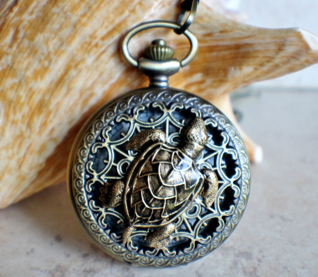 Sea Turtle Men's Pocket Watch, Front Case is Mounted With Bronze Sea ...
