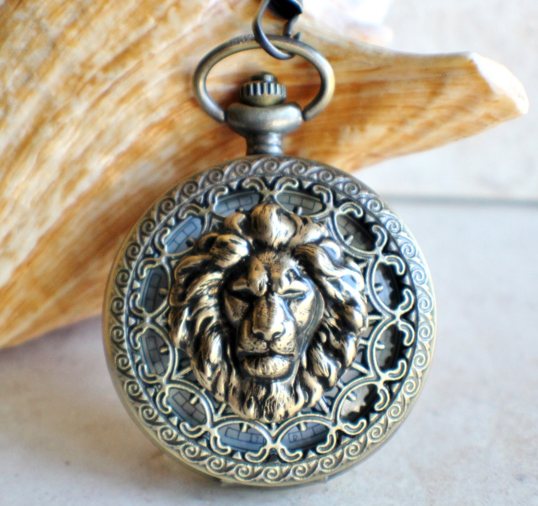 Lion Mechanical Pocket Watch: Bronze Case, Tiger Eye Chain - Etsy