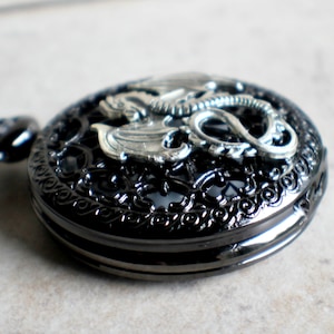 Dragon Pocket Watch: Black Case With Silver Dragon, Tiger Eye Chain - Etsy