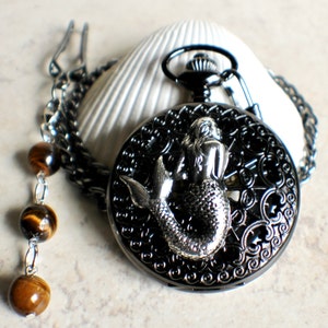 Mermaid Pocket Watch, Mens Black Mechanical Pocket Watch With Mermaid ...