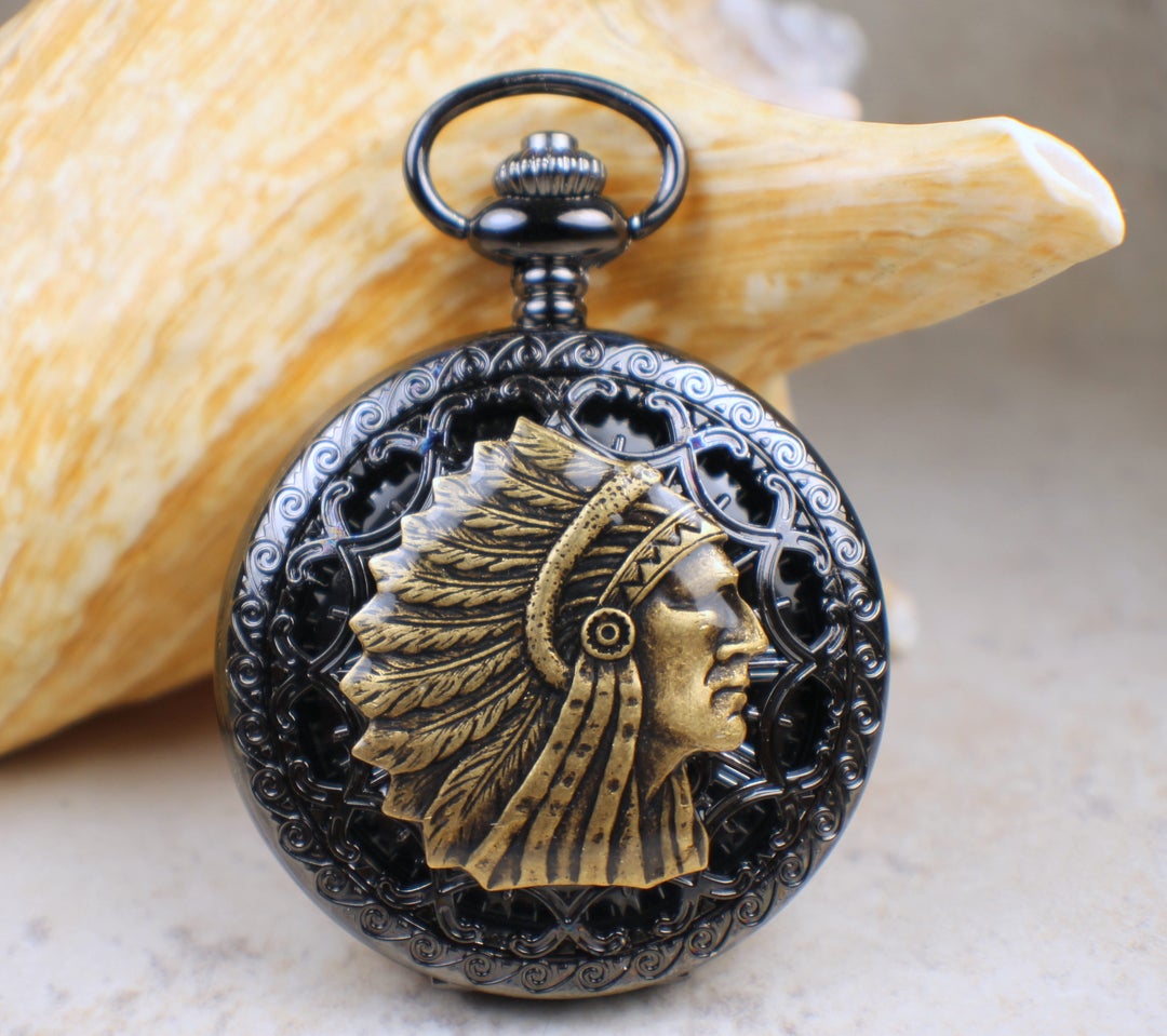 Indian Chief Mechanical Pocket Watch: Black & Bronze, Tiger Eye Chain ...