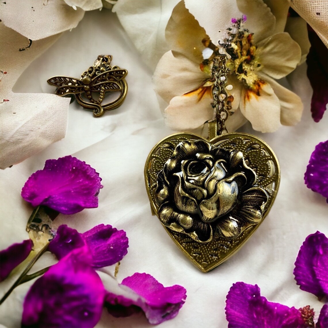 Music Box Locket Rose Heart Necklace: Bronze Filigree Pendant - Etsy
