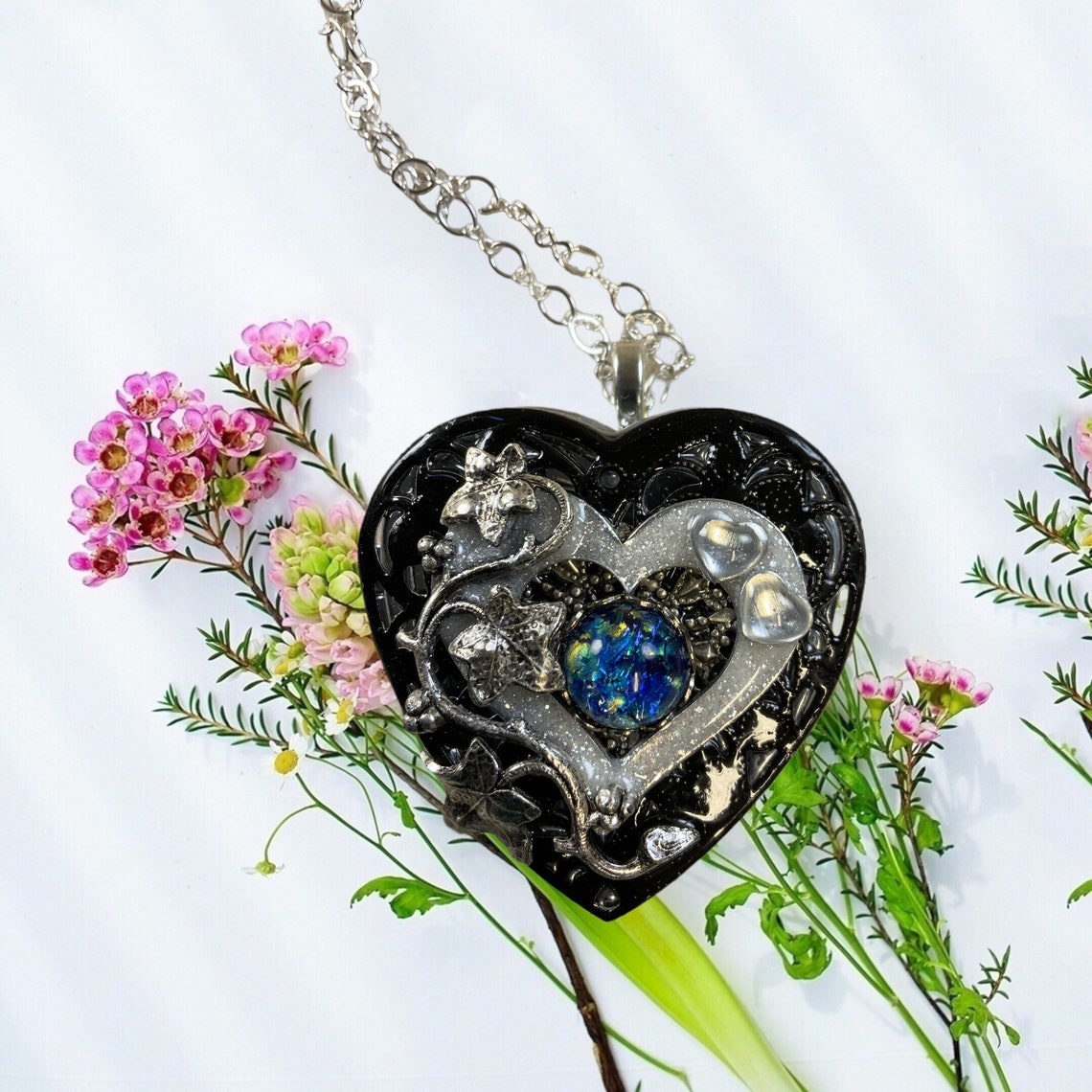 Heart Music Box Locket Necklace: Blue Opal, Silver Filigree, Musical ...