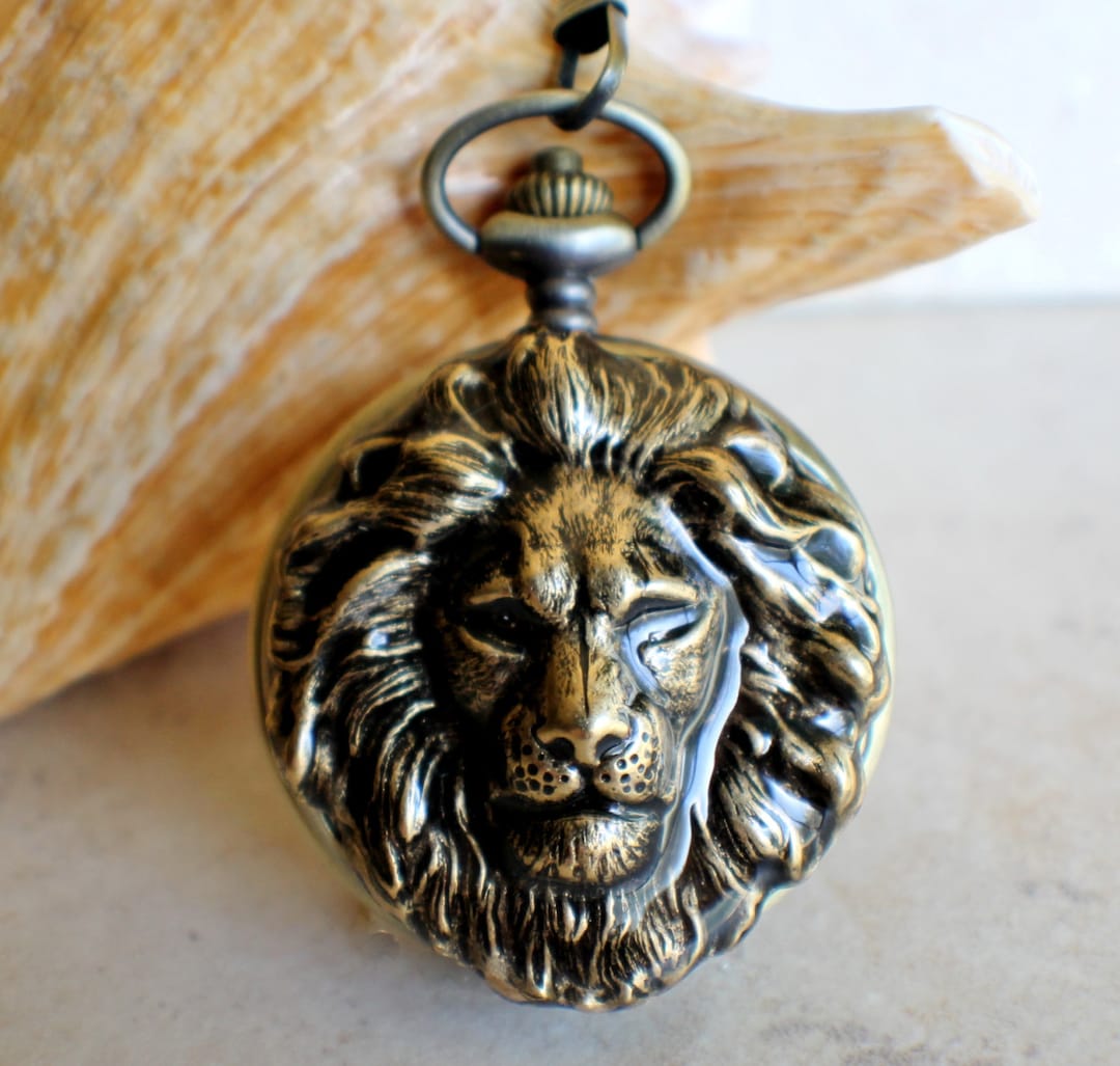 Lion Pocket Watch, Bronze Lion Pocket Watch, With Tiger Eye Beads on ...