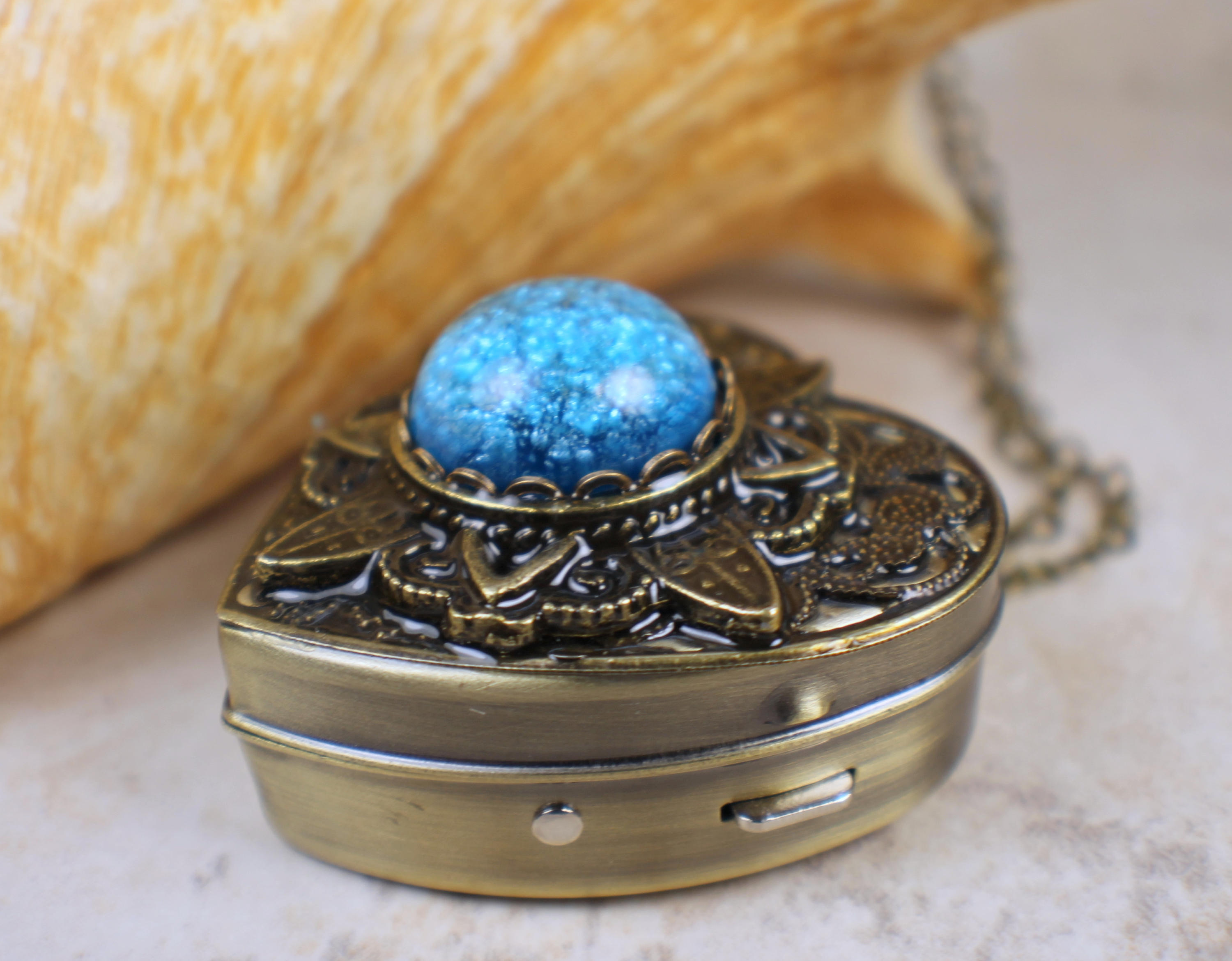 Aqua Glass Opal Heart Music Box Locket: Bronze Filigree Pendant - Etsy
