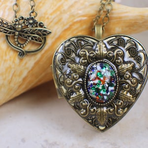 Heart Music Box Locket Necklace: Bronze Filigree, Primary Colors Opal ...