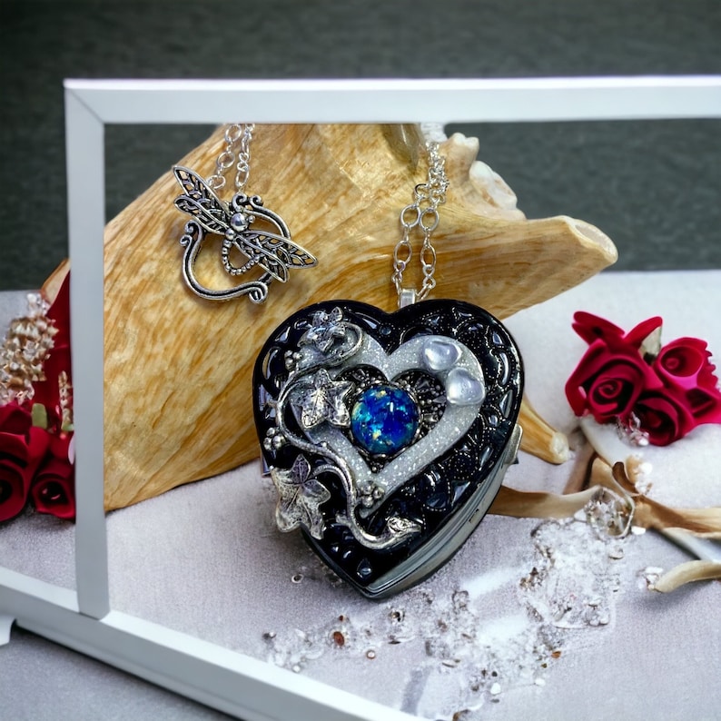 Heart Music Box Locket Necklace: Blue Opal, Silver Filigree, Musical ...