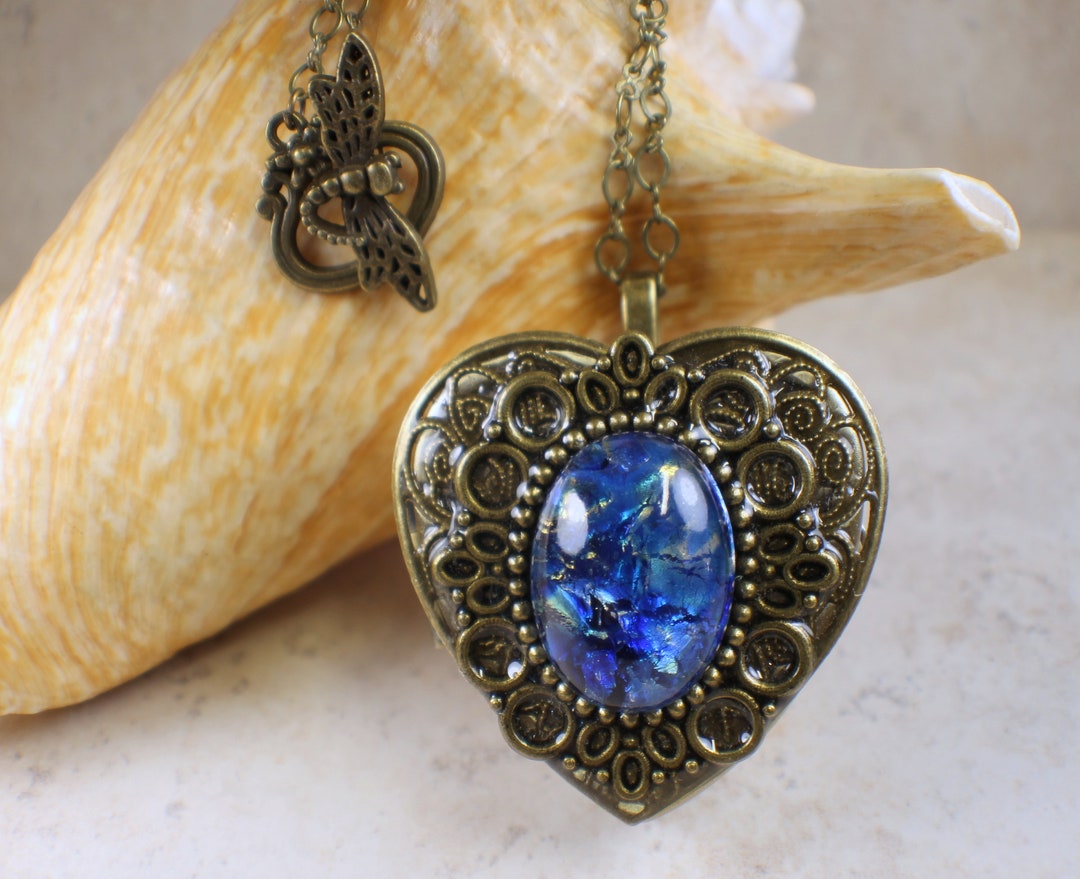 Sapphire Blue Glass Opal Music Box Locket, Music Box Necklace, Mini ...