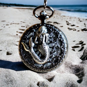 Mermaid Pocket Watch, Mens Black Pocket Watch With Mermaid Mounted on ...
