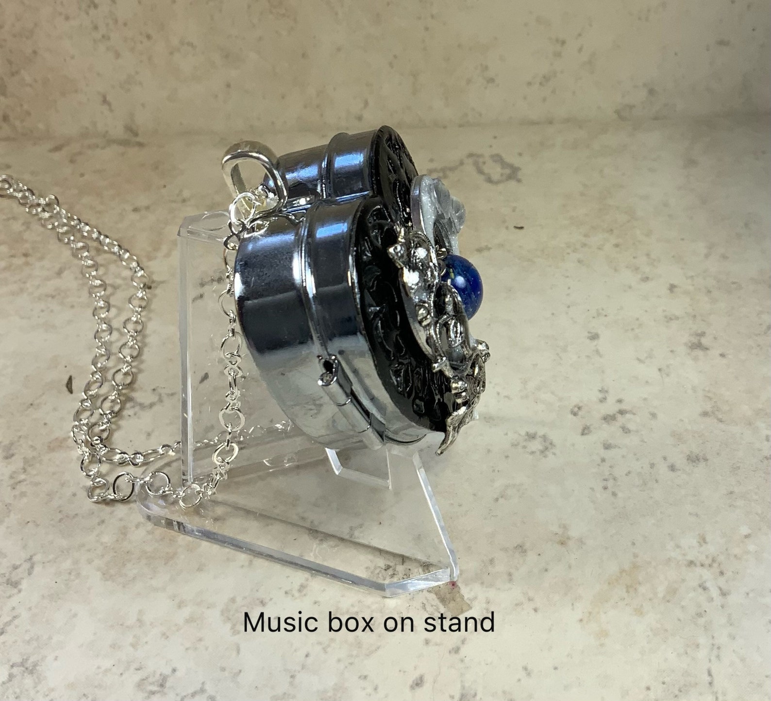 Heart Music Box Locket Necklace: Blue Opal, Silver Filigree, Musical ...