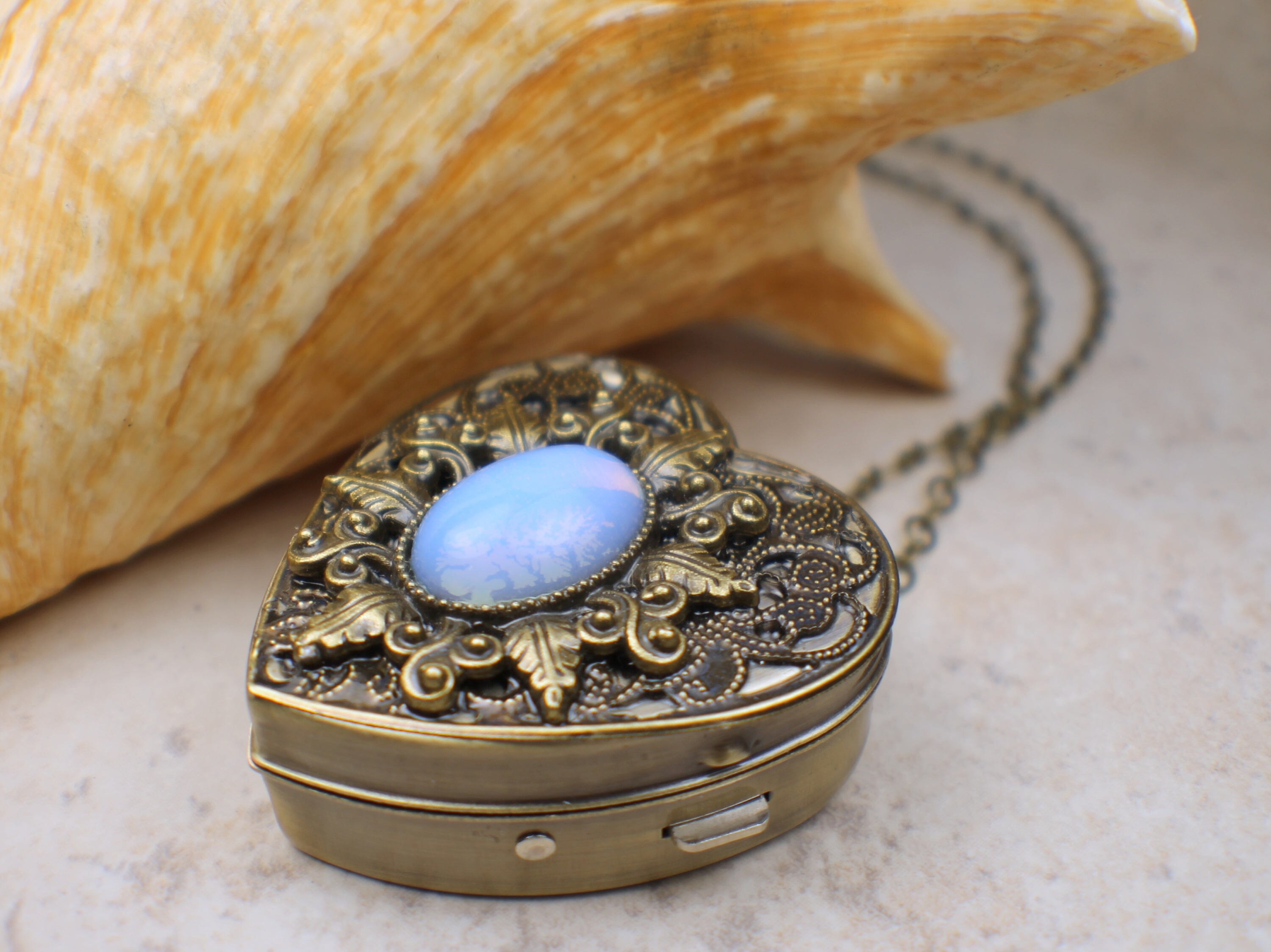 White Opal Quartz Music Box Locket Necklace: Bronze Heart Pendant - Etsy