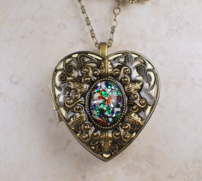Heart Music Box Locket Necklace: Bronze Filigree, Primary Colors Opal ...