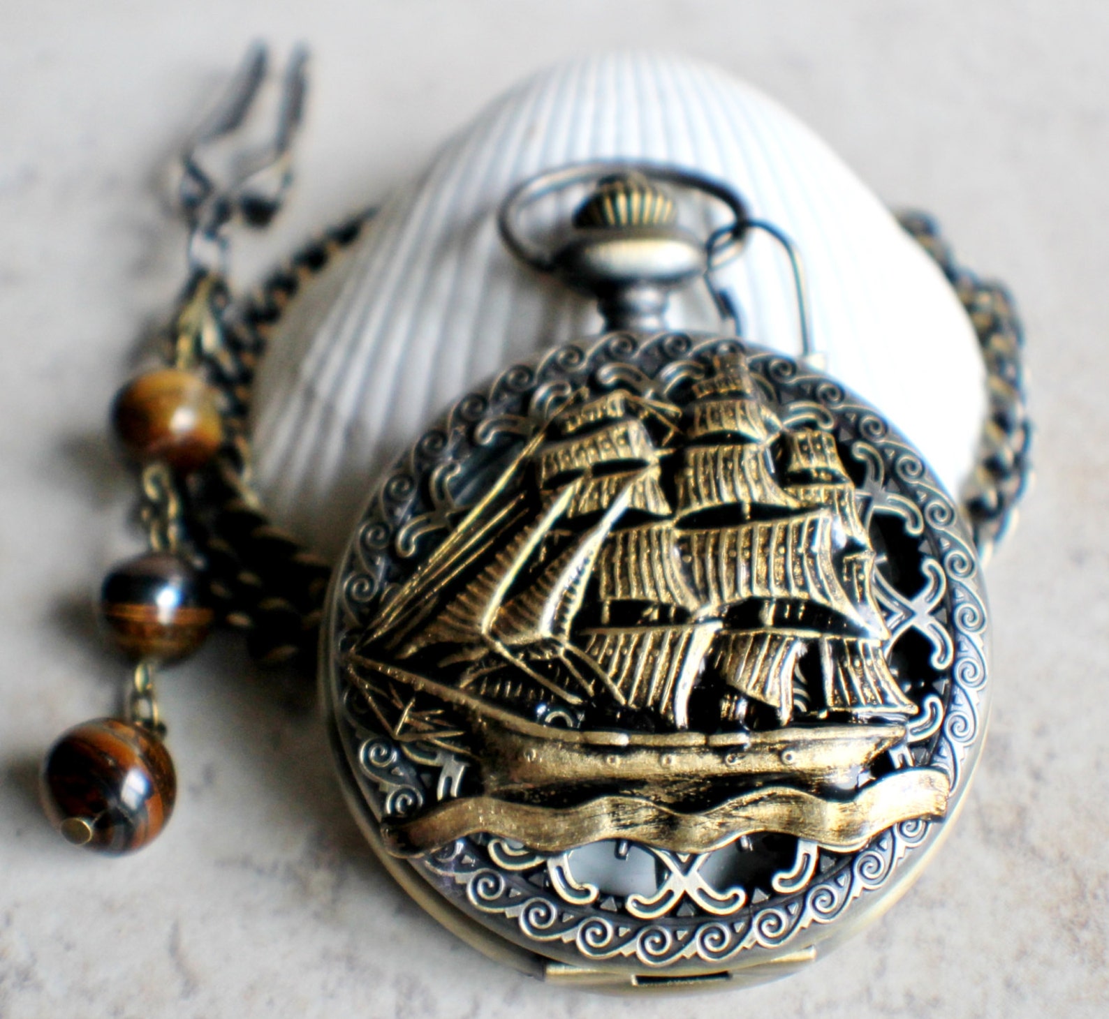 Pocket Watch Sailing Ship : Nautical Theme With Tiger Eye Chain - Etsy