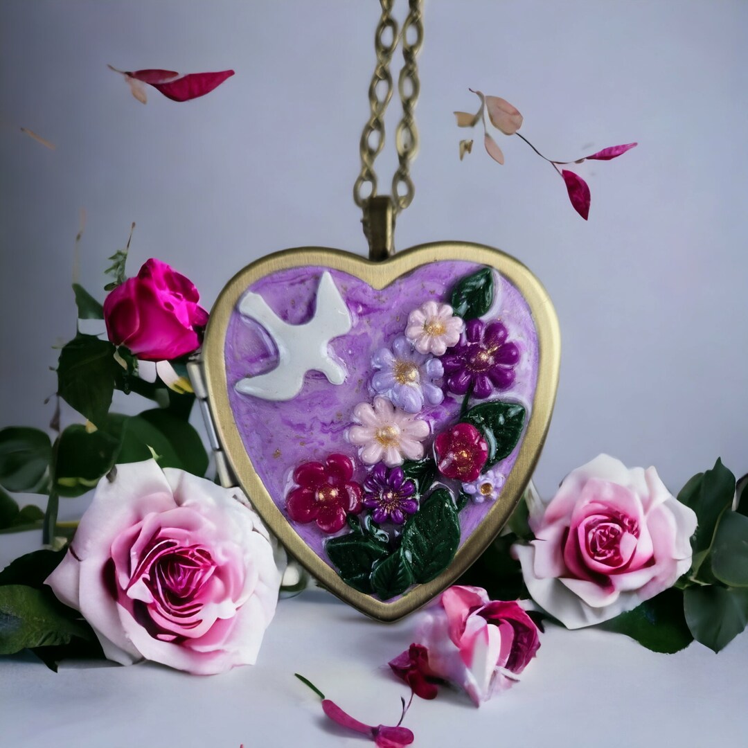 Heart Music Box Locket: Polymer Clay Flowers, 30" Bronze Chain - Etsy