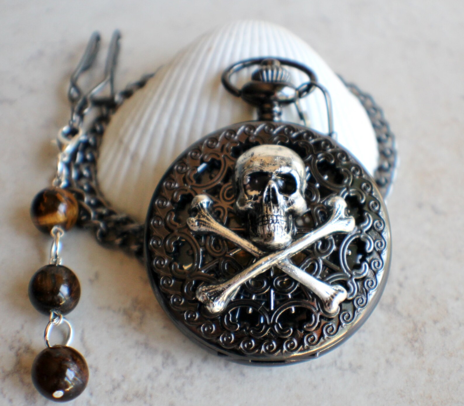 Skull and Crossbones Pocket Watch, Men's Black Mechanical Pocket Watch ...
