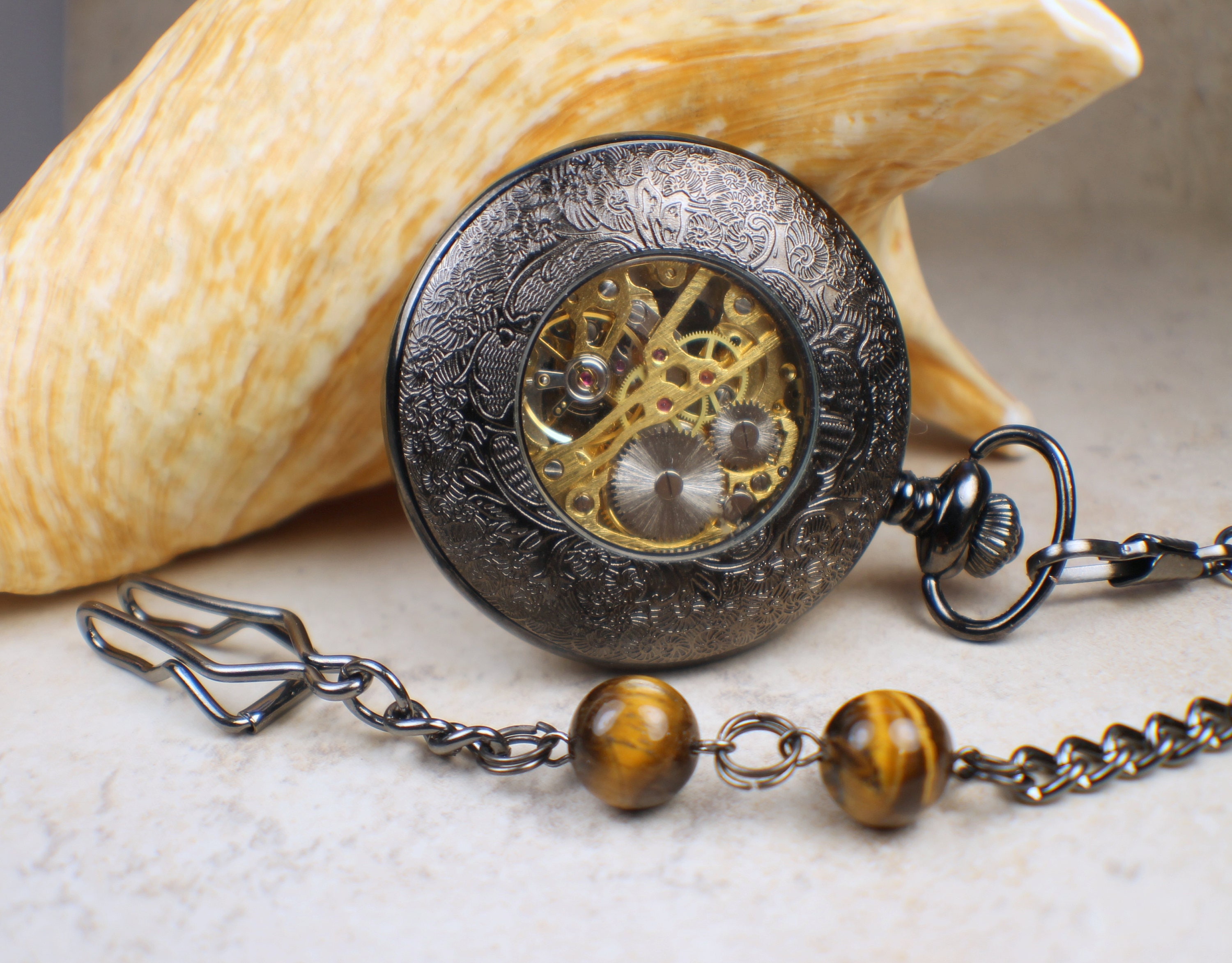 Indian Chief Mechanical Pocket Watch: Black & Bronze, Tiger Eye Chain ...