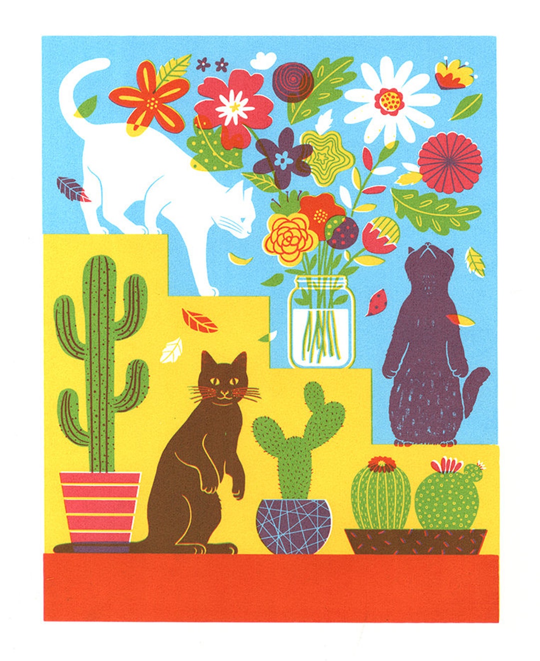 Cats Flowers, and Cactus, Art Print | Giclée Print - Etsy