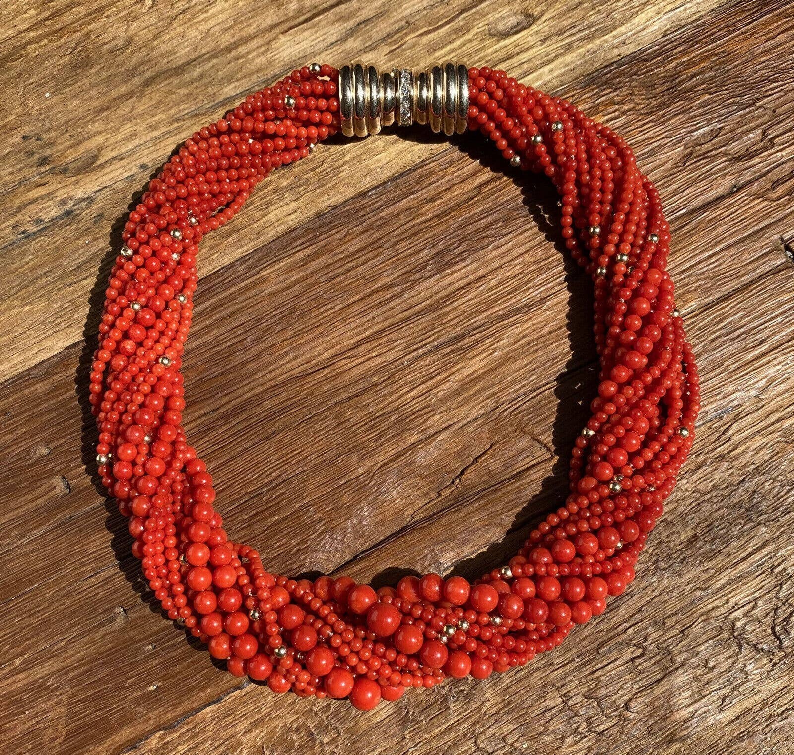 Large Vintage Italian Natural Red Coral 17 Strand Torsade Necklace 14K ...