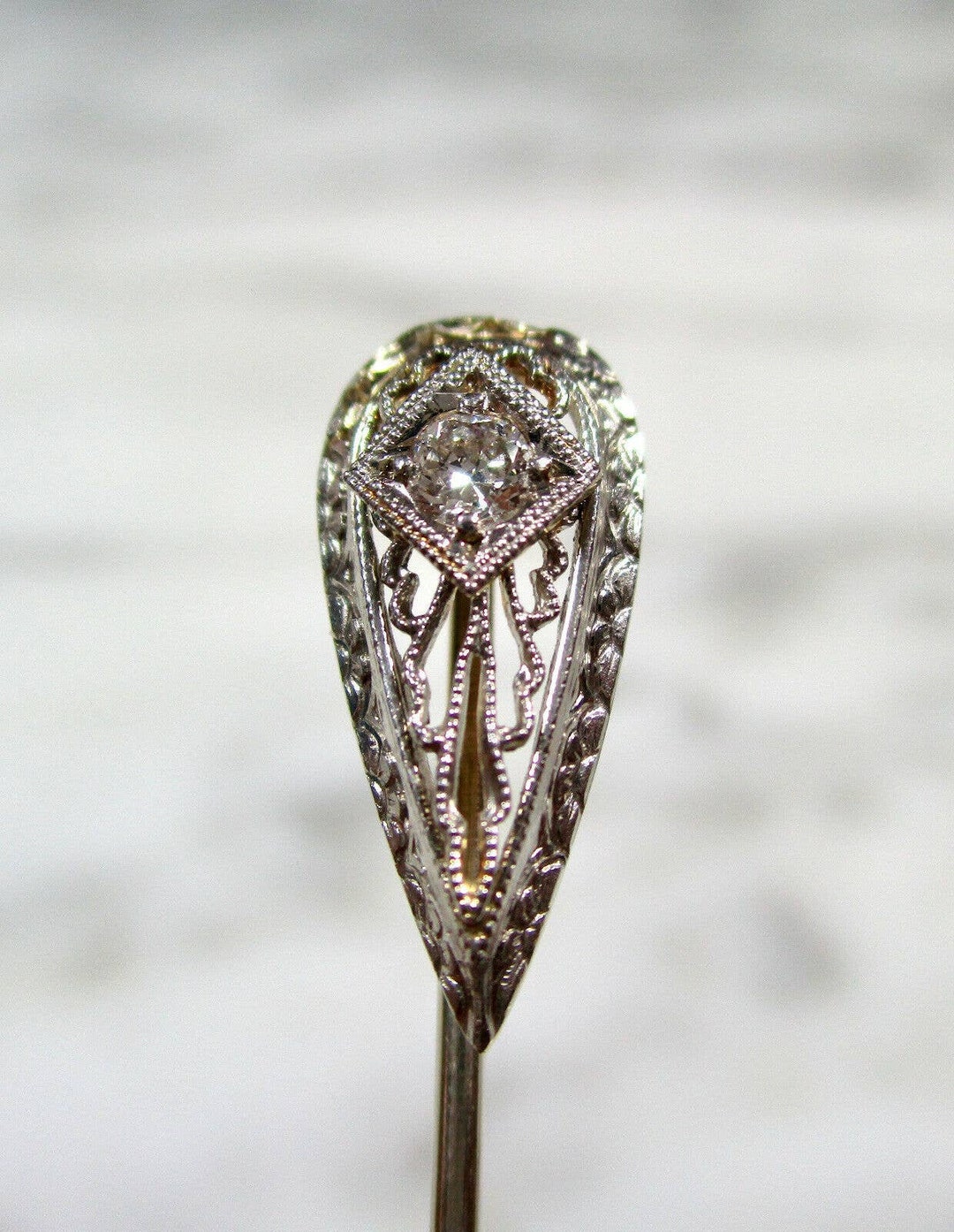 Antique Edwardian Art Deco Solid 14K White Gold Filigree Diamond Lapel ...
