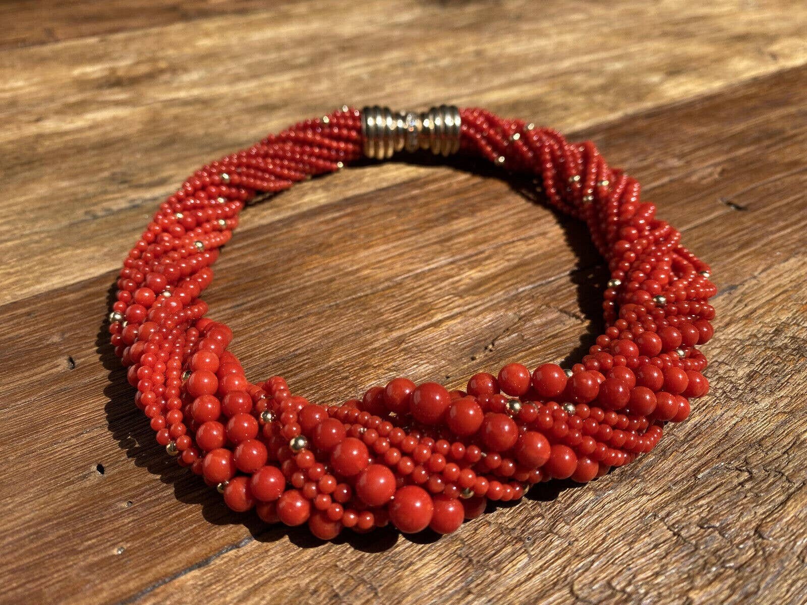Large Vintage Italian Natural Red Coral 17 Strand Torsade Necklace 14K ...