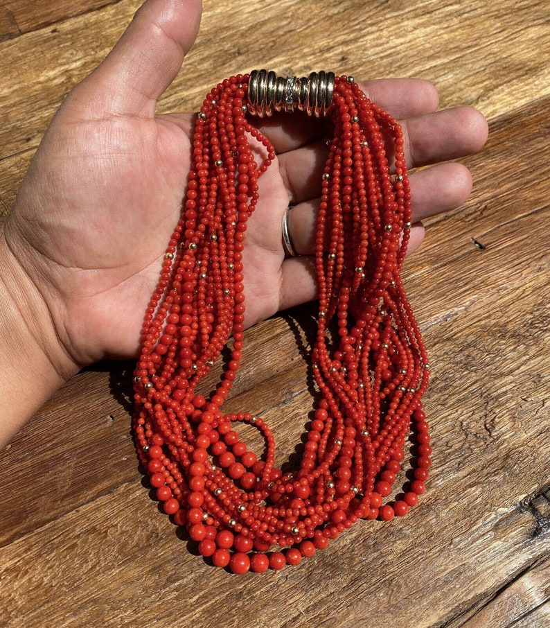 Large Vintage Italian Natural Red Coral 17 Strand Torsade Necklace 14K ...