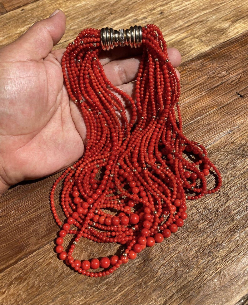 Large Vintage Italian Natural Red Coral 17 Strand Torsade Necklace 14K ...