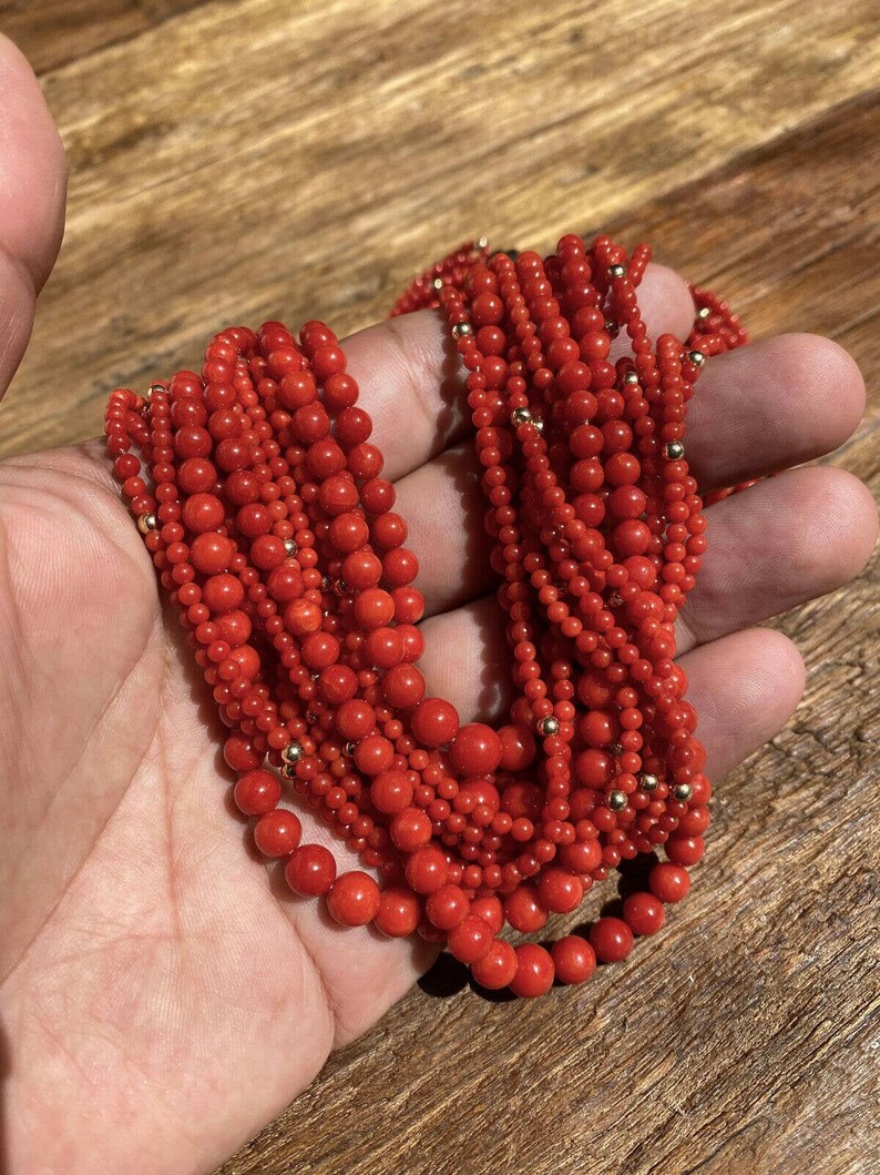 Large Vintage Italian Natural Red Coral 17 Strand Torsade Necklace 14K ...