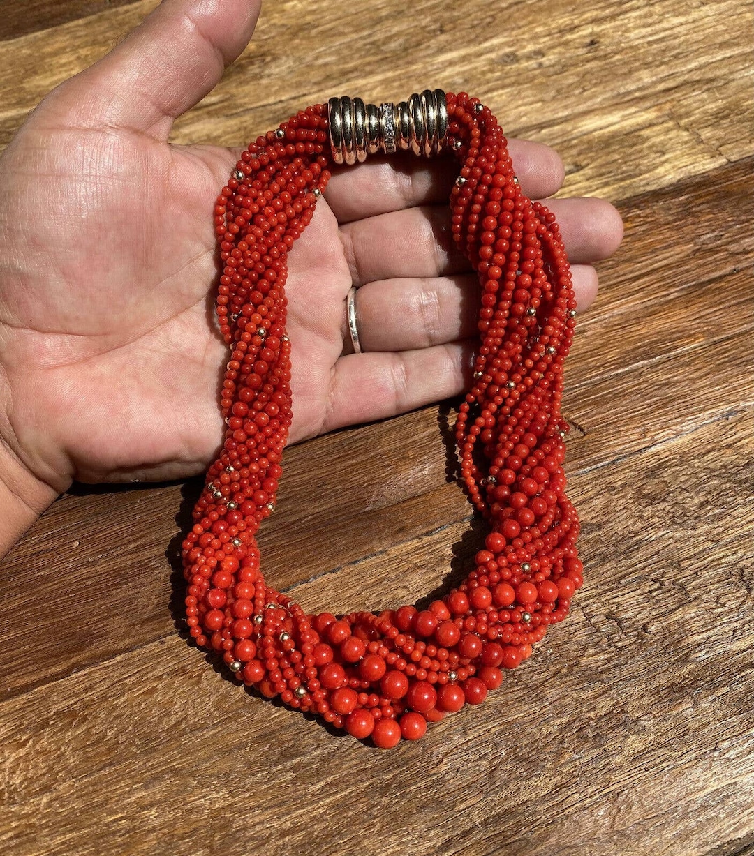 Large Vintage Italian Natural Red Coral 17 Strand Torsade Necklace 14K ...