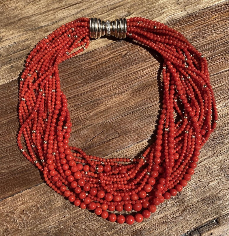 Large Vintage Italian Natural Red Coral 17 Strand Torsade Necklace 14K ...