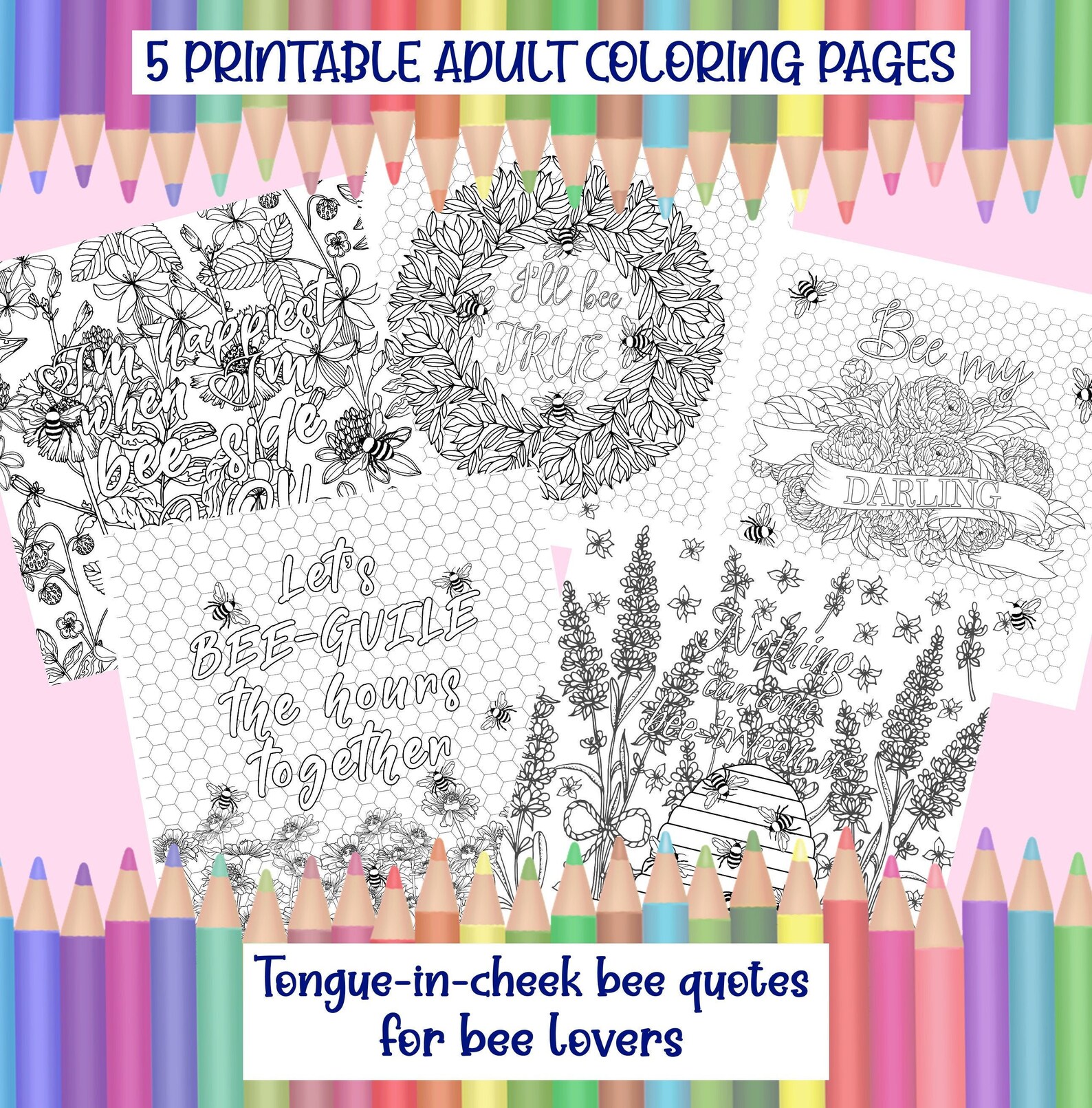 5 Honey Bee Adult Printable Coloring Pages With Romantic - Etsy UK