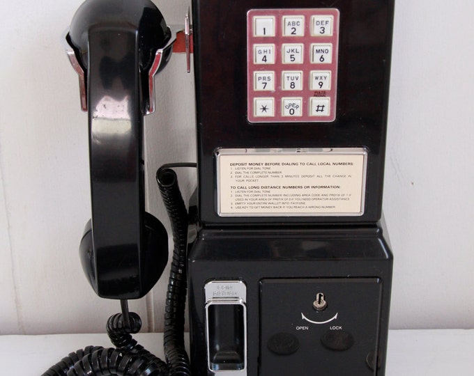 Black Retro Push Button Phone W/ Side Hanging Receiver Wall Mount Coin ...