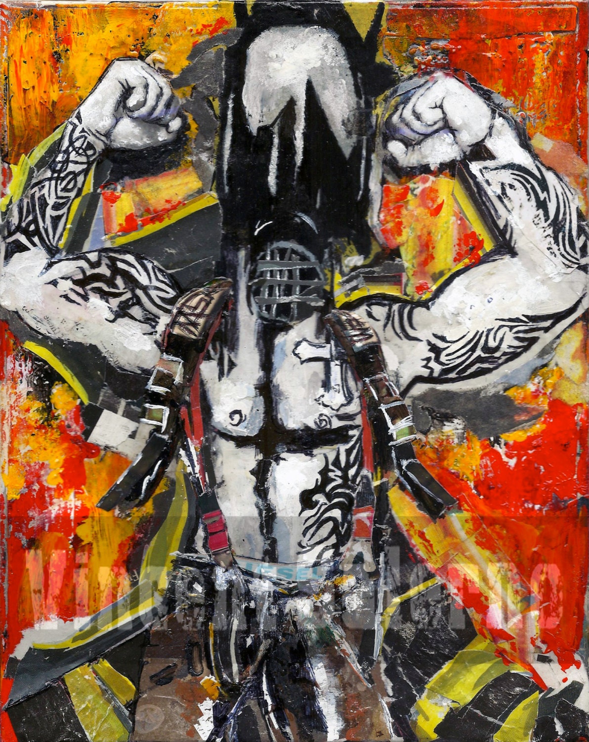 Firefighter Original Collage Mixed Media Art on Wood-urban Art-street ...