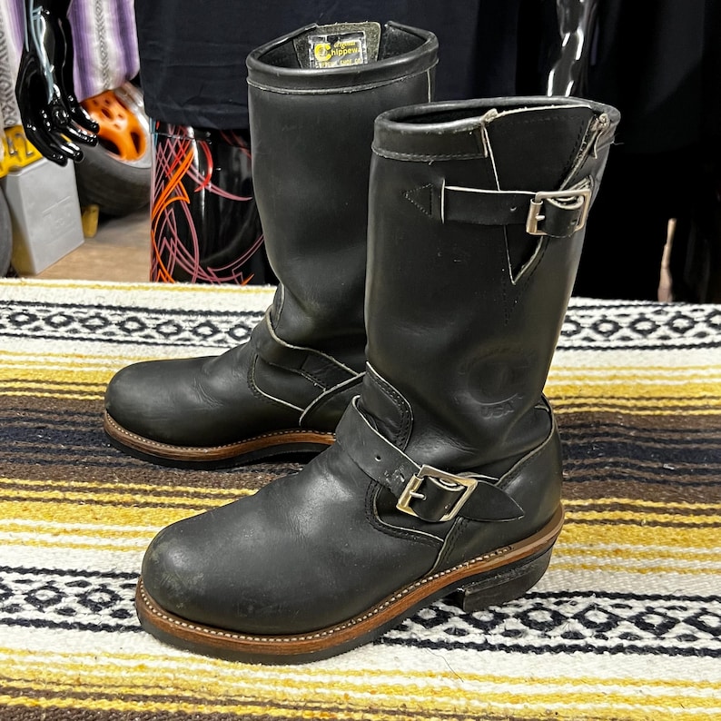 Vintage CHIPPEWA Black Leather Engineer Rugged Men’s 5.5US 37.5EU ...
