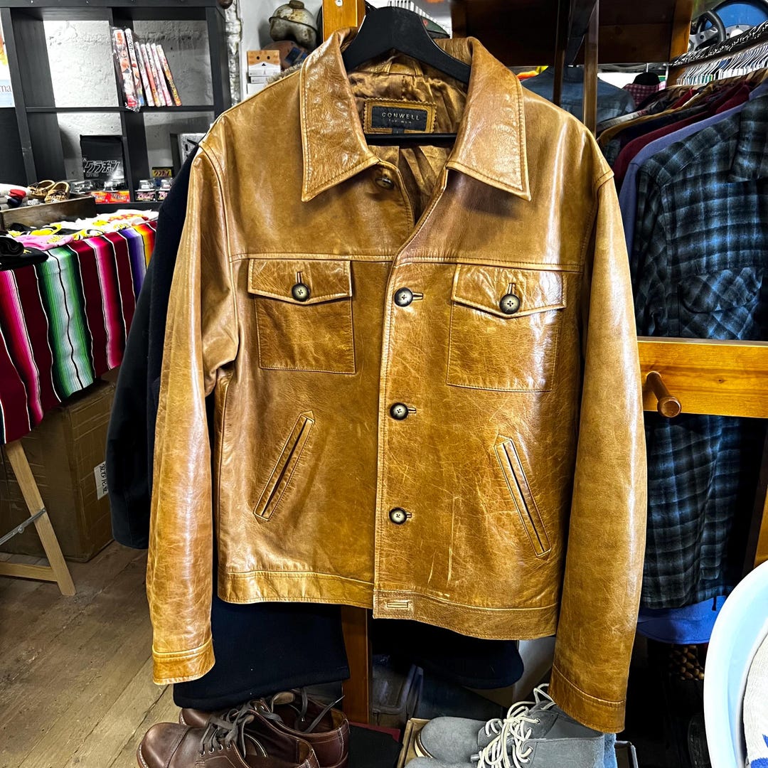 Vintage Conwell Mens Mustard Camel Bomber Trucker Leather Jacket ...